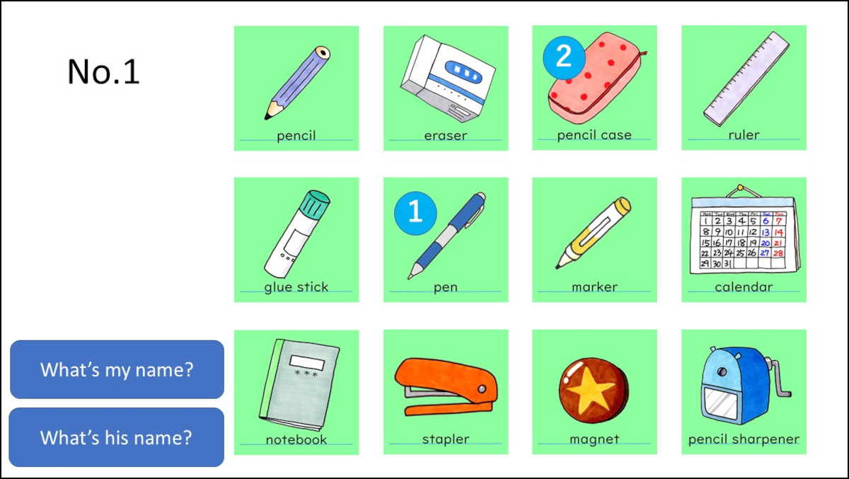 小4らくらくUnit 5「Do you have a pen?｣①【モトヨシ先生のスライドde外国語活動】｜みんなの教育技術